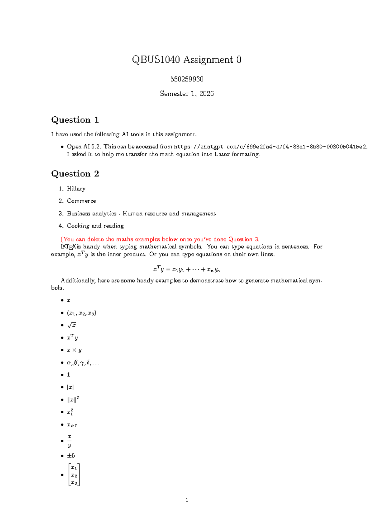 QBUS1040 2026S1 Assignment 0: AI Tools & LaTeX Formatting Guide - Studocu