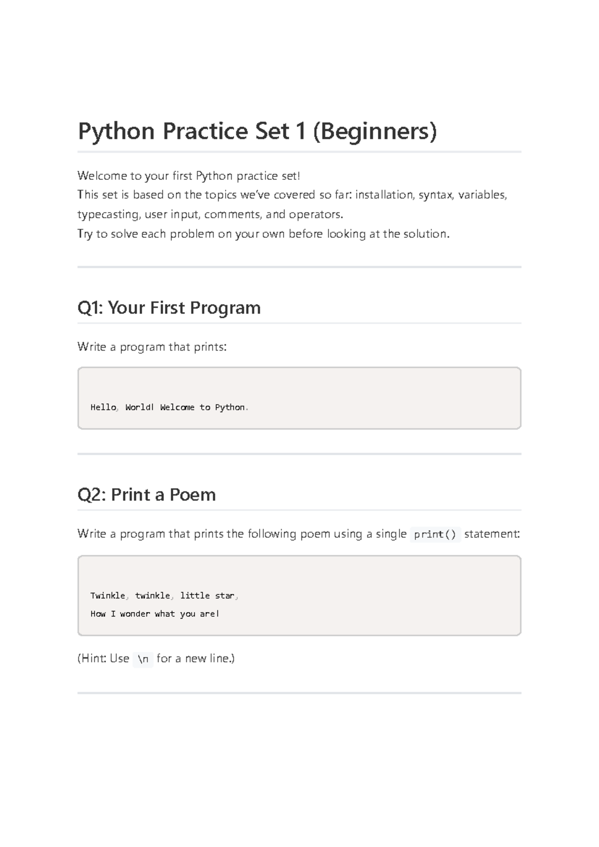 Python Practice Set 1: Beginner Exercises and Solutions - Studocu