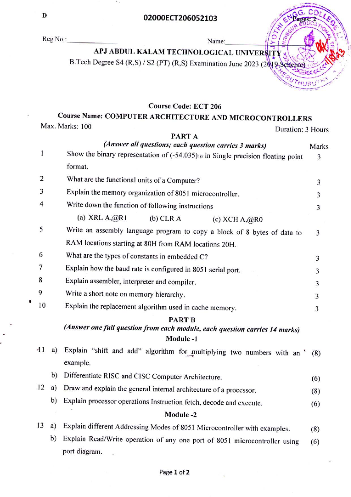 ECT 206 Final Exam: Computer Architecture & Microcontrollers, June 2023 ...