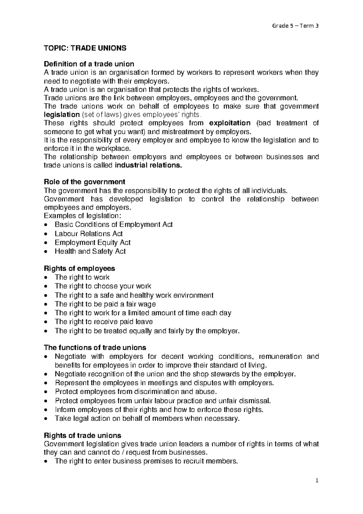 Grade 9 Term 3: Understanding Trade Unions and Their Impact - Studocu