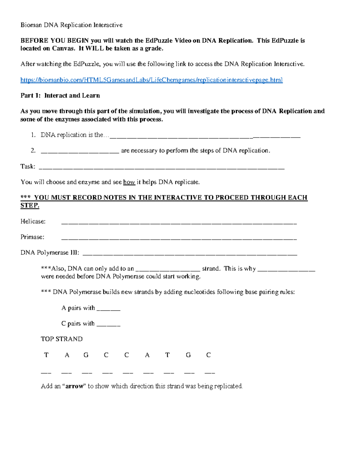 Bioman DNA Replication Interactive: Study Guide and Quiz Notes - Studocu