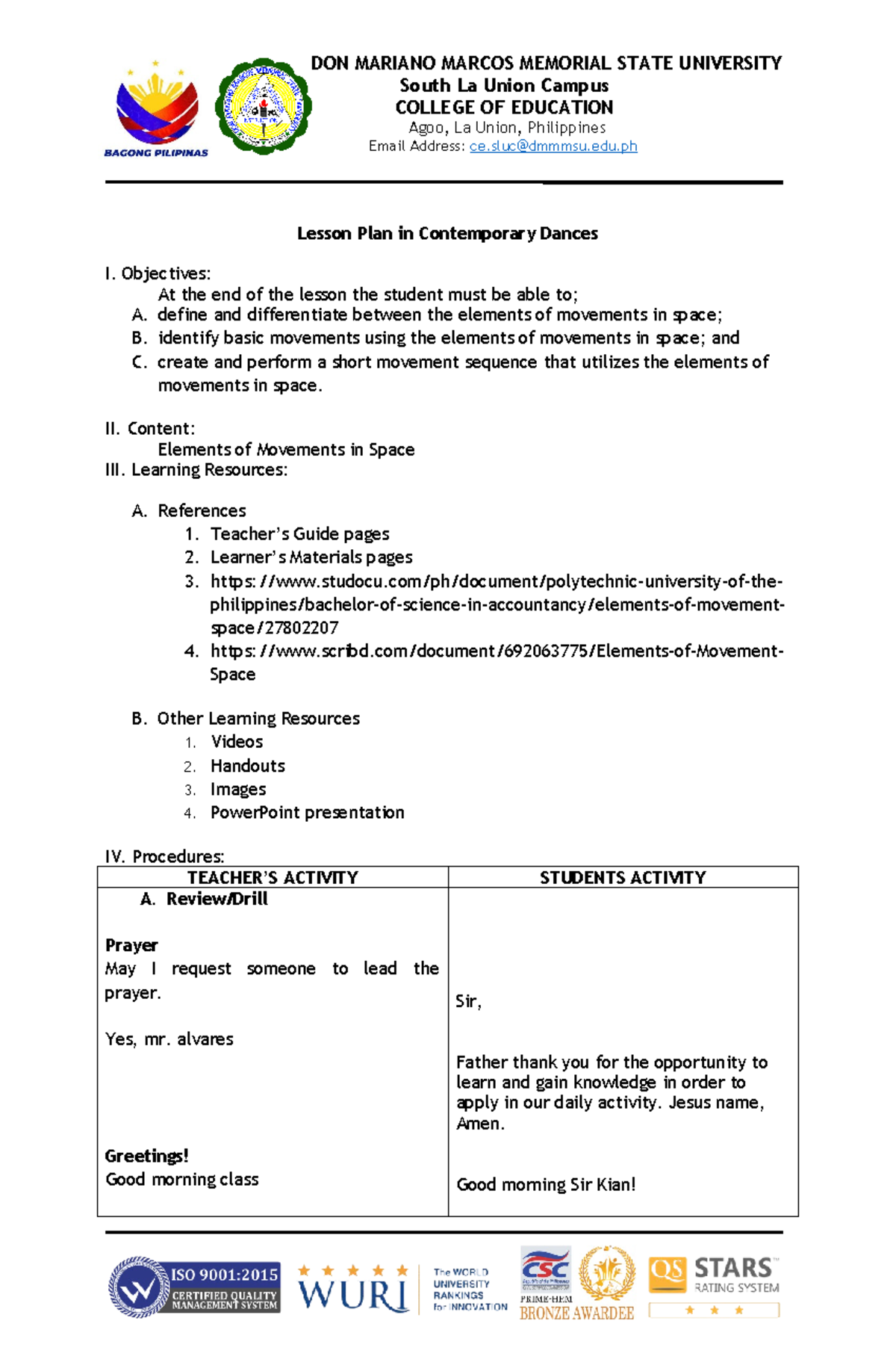 Grade 9 Contemporary Dance: Elements of Movements in Space Lesson Plan ...