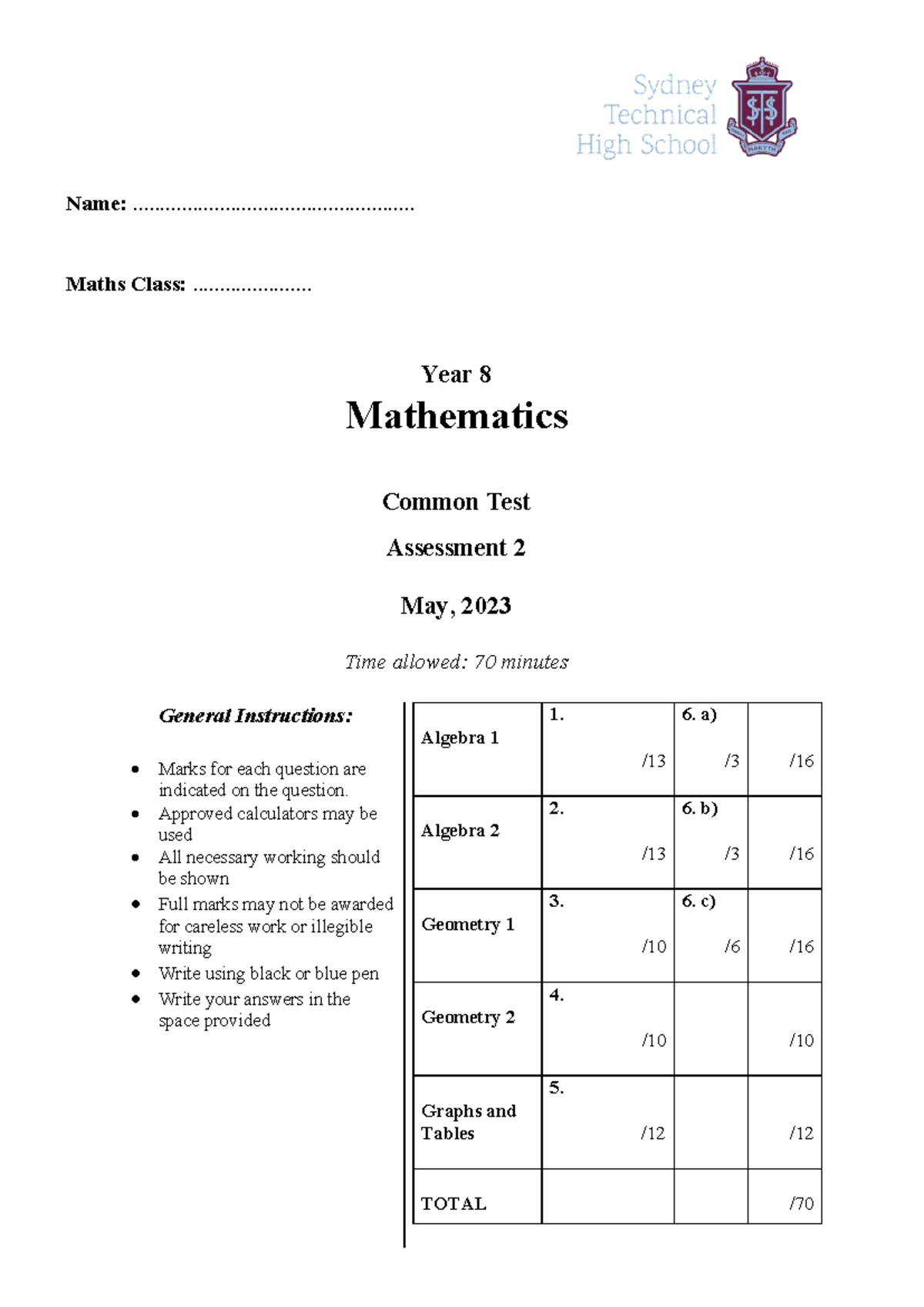YEAR 8 MATHS TERM 2 COMMON TEST ASSESSMENT 2023 - Studocu