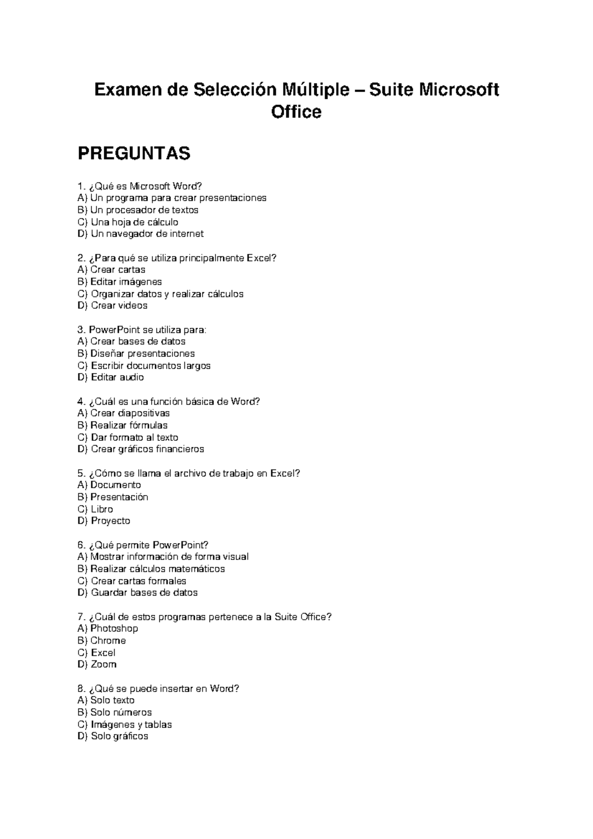 Examen de Selección Múltiple: Suite Microsoft Office (PREGUNTAS) - Studocu