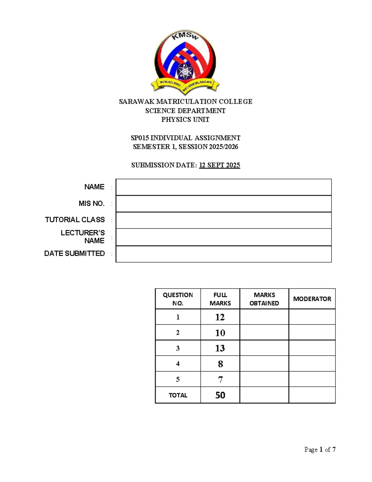 SP015 Physics Individual Assignment Semester 1 - Submission 12 Sept ...