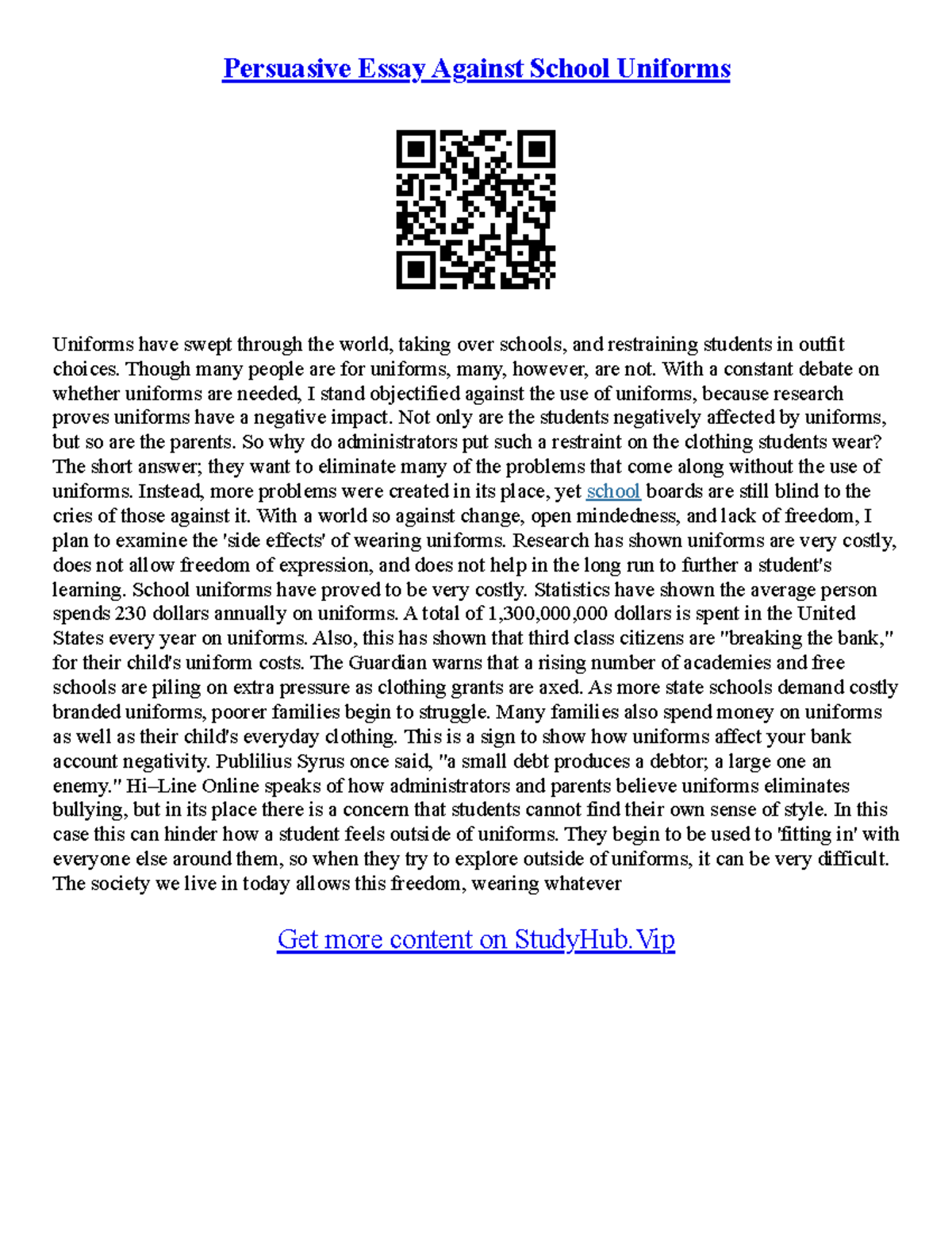 Argumentative Essays On School Uniforms - Persuasive Essay Against ...