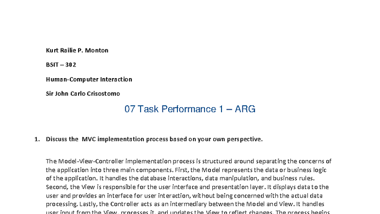 07 Task Performance 1 - ARG HCI: Understanding MVC Framework - Studocu