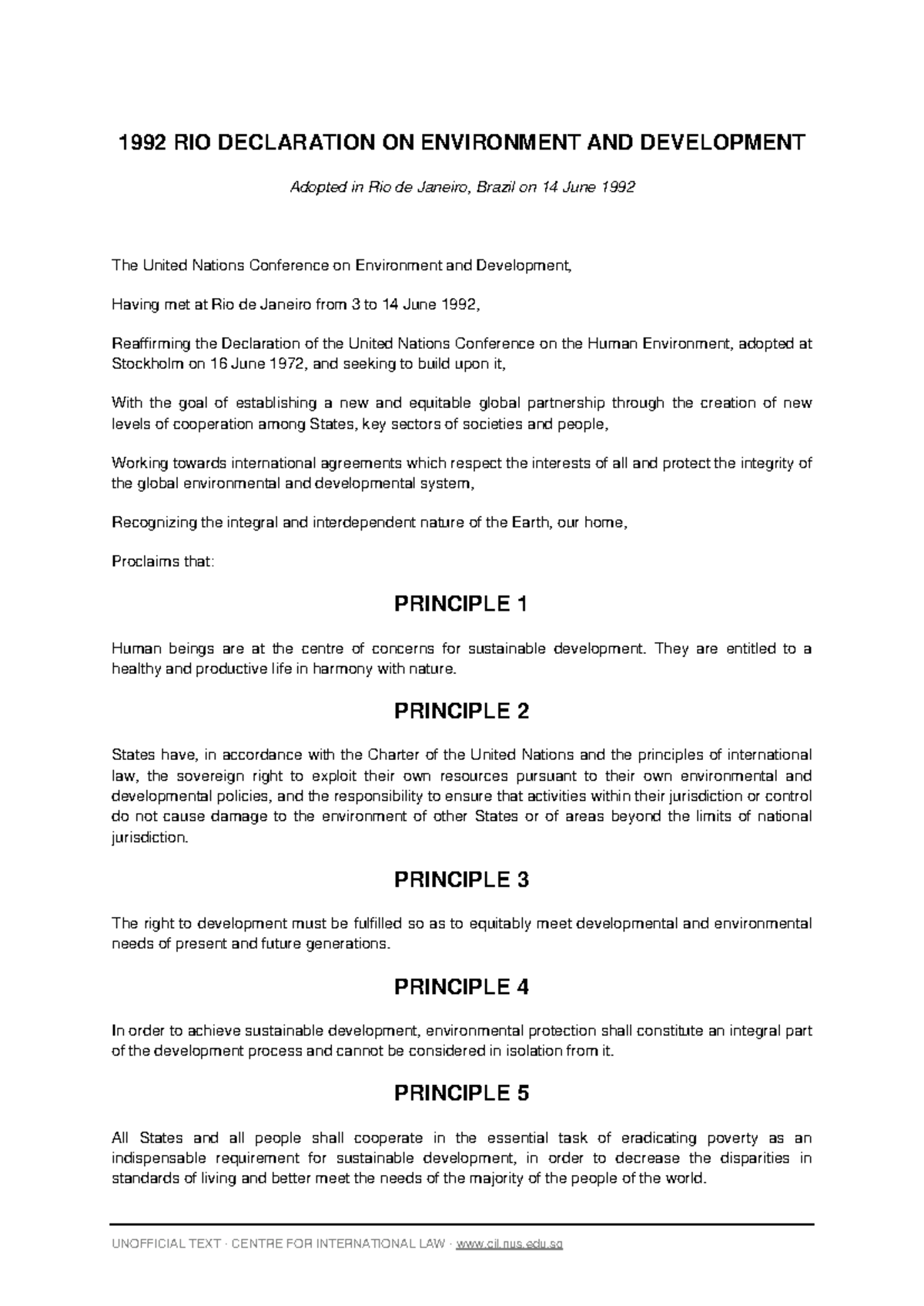 1992-Rio Declaration on Environment & Development Principles - Studocu