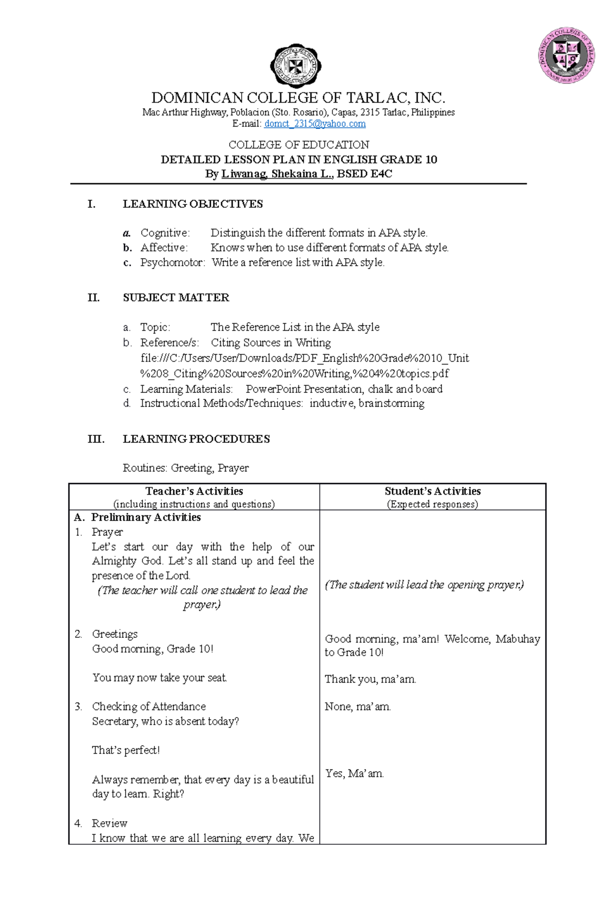 Detailed - Lesson-PLAN Reference-LIST-IN-APA - DOMINICAN COLLEGE OF ...