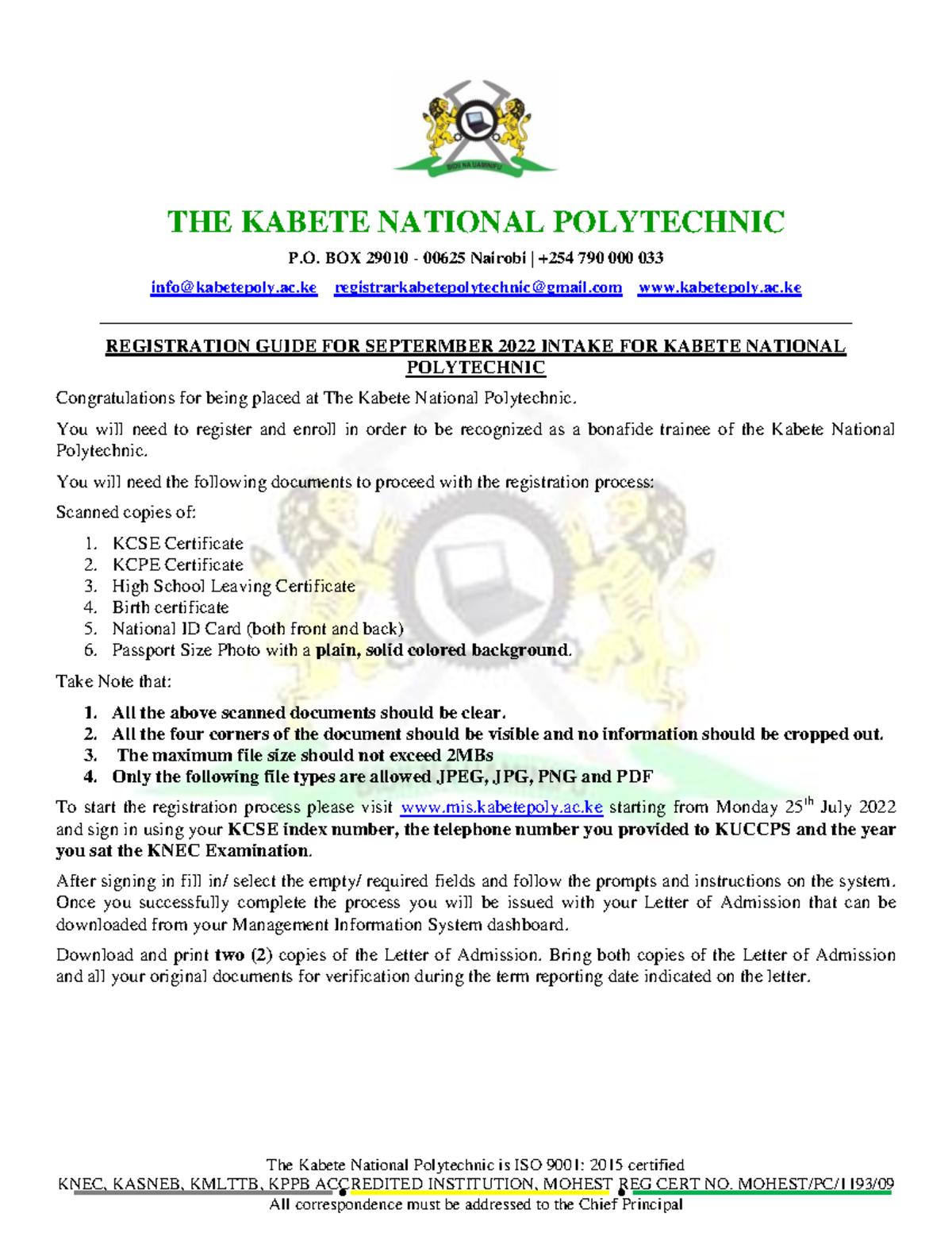 Kabete National POLY Admission Guide for September 2022 Intake - Studocu