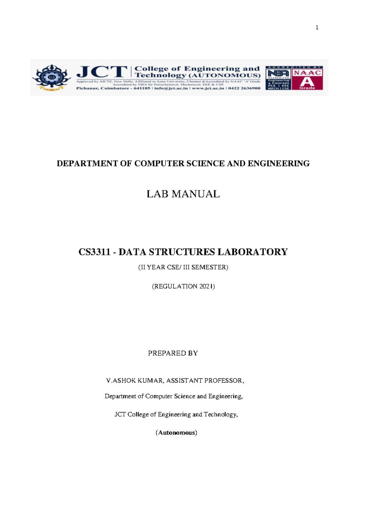 CS3311 Data Structures Laboratory Manual - Experiments and Operations ...