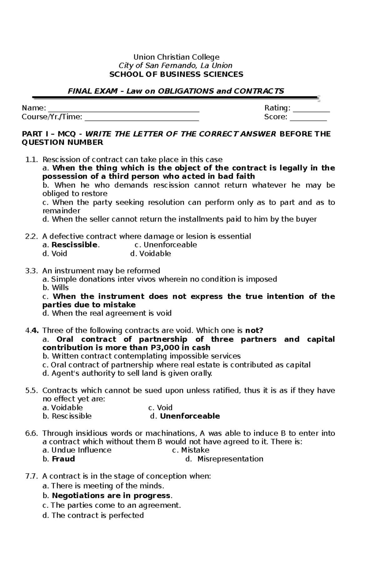 Rescissible Voidable Unenforceable And Void Contracts Defective