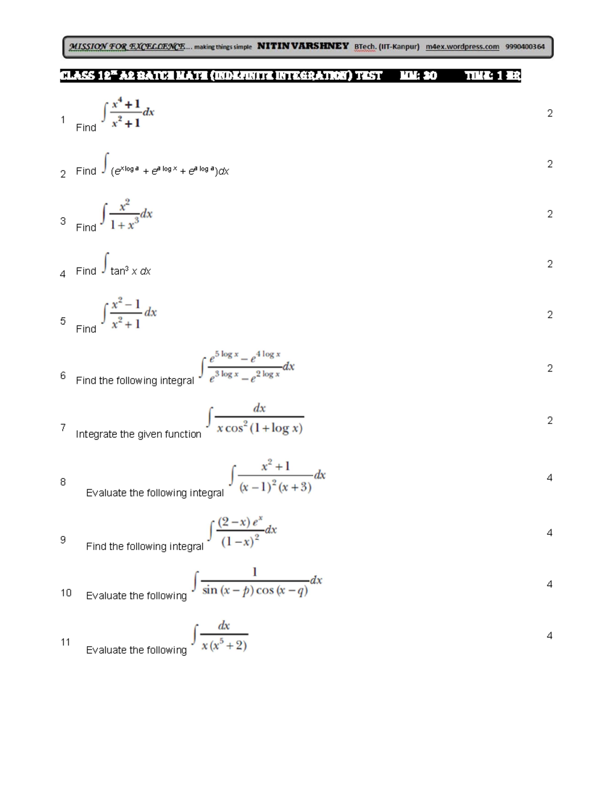 A2 Integration Test (Subjective) 1hr Q Paper - Class 12th a2 BatCh Math ...