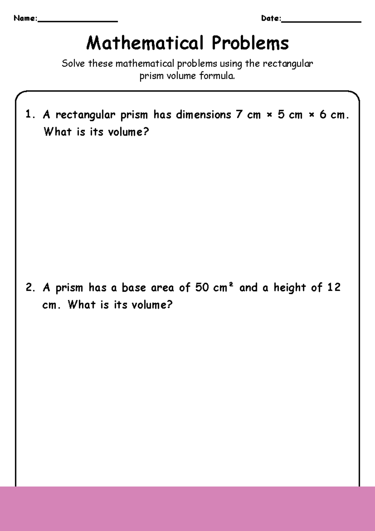 Rectangular Prism Volume Problems - 5th Grade Worksheet - Name: Date ...