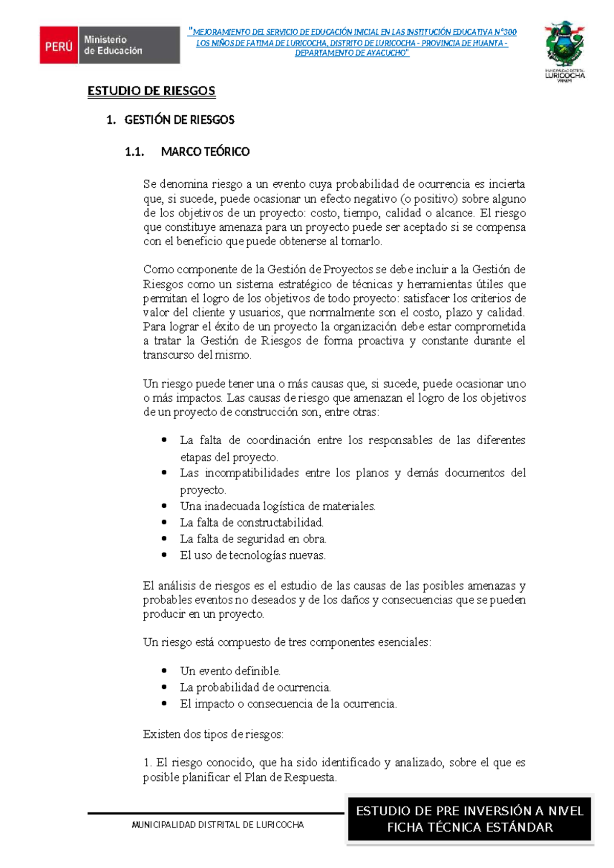 Estudio de Riesgos en la I.E. Nº300 Los Niños de Fátima - Luricocha ...