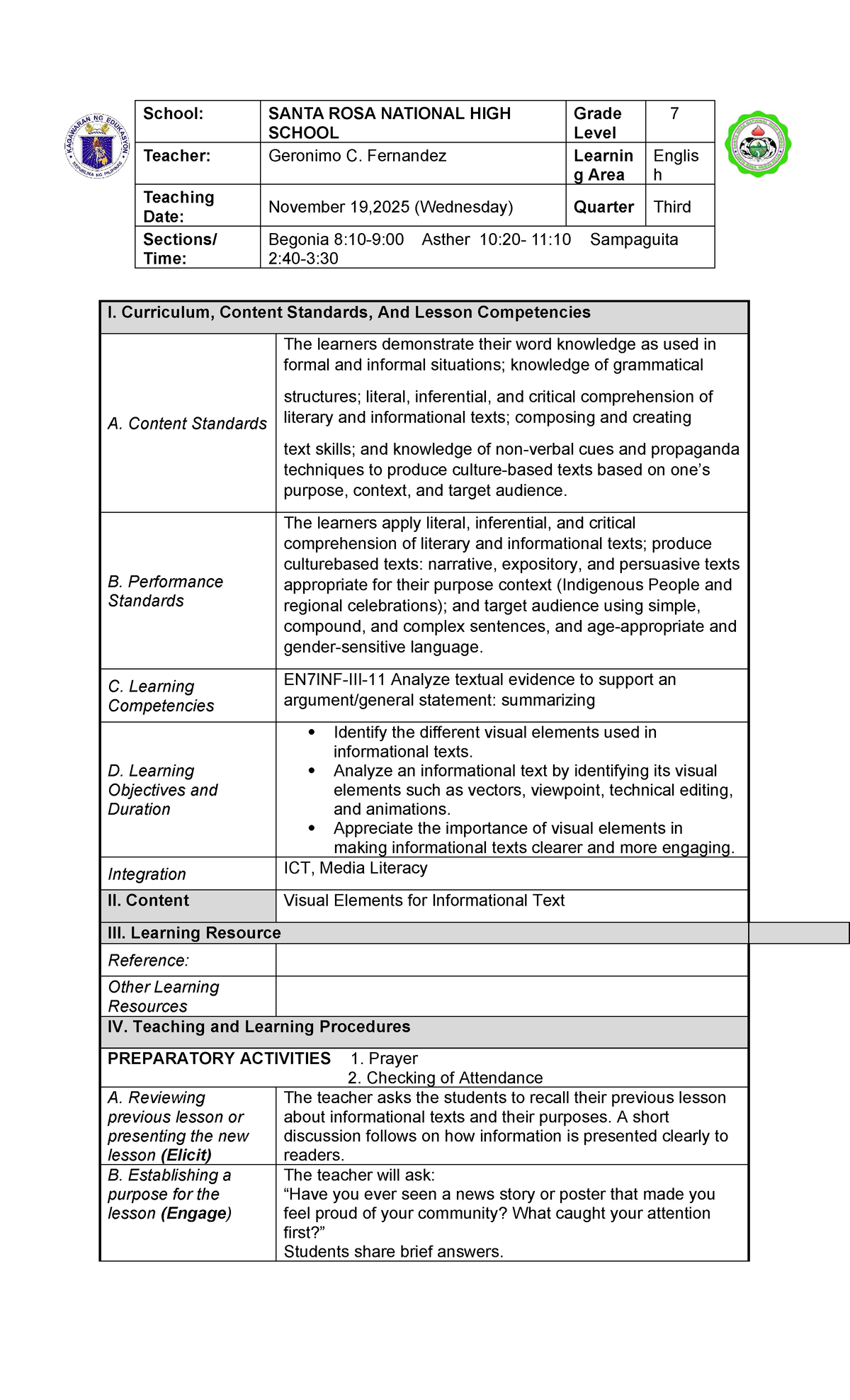 Visual Elements in Informational Texts - ENG 11 Lesson Plan - Studocu