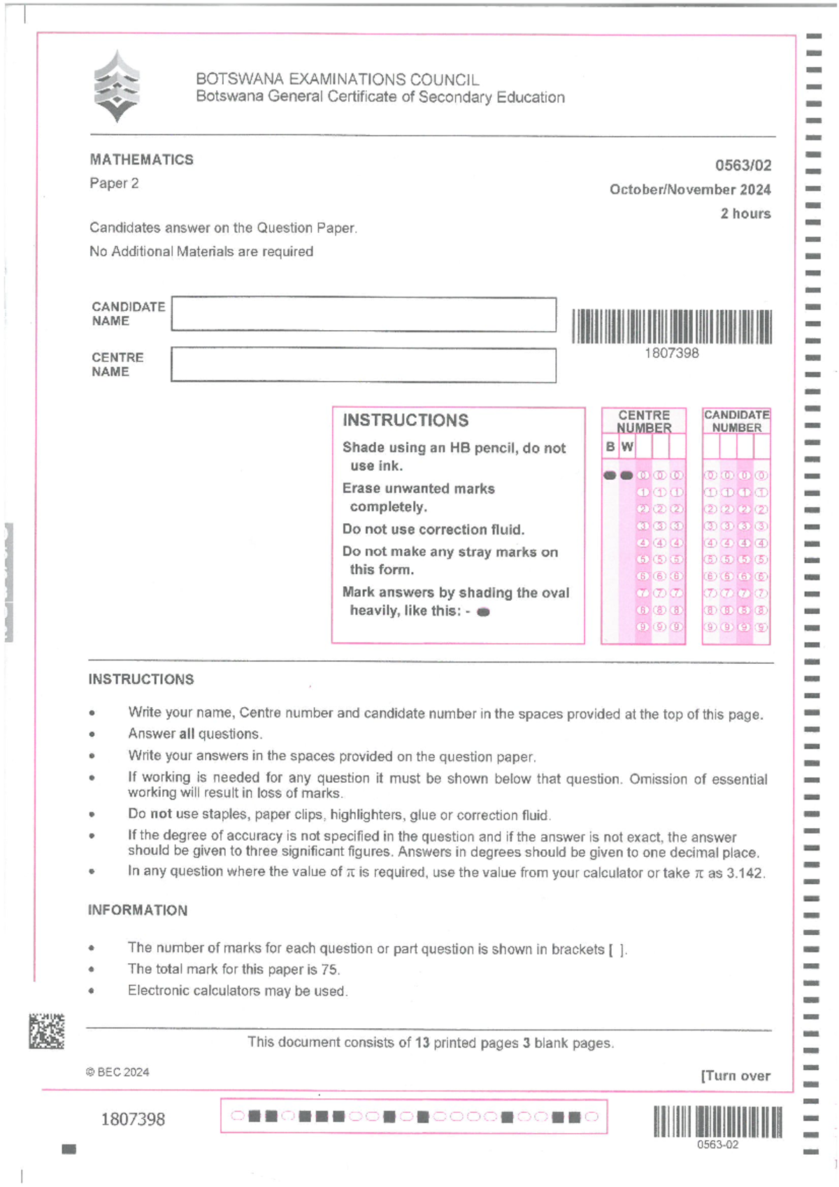 Bgcse Mathematics Paper 2 2024 - Exam Instructions and Questions - Studocu