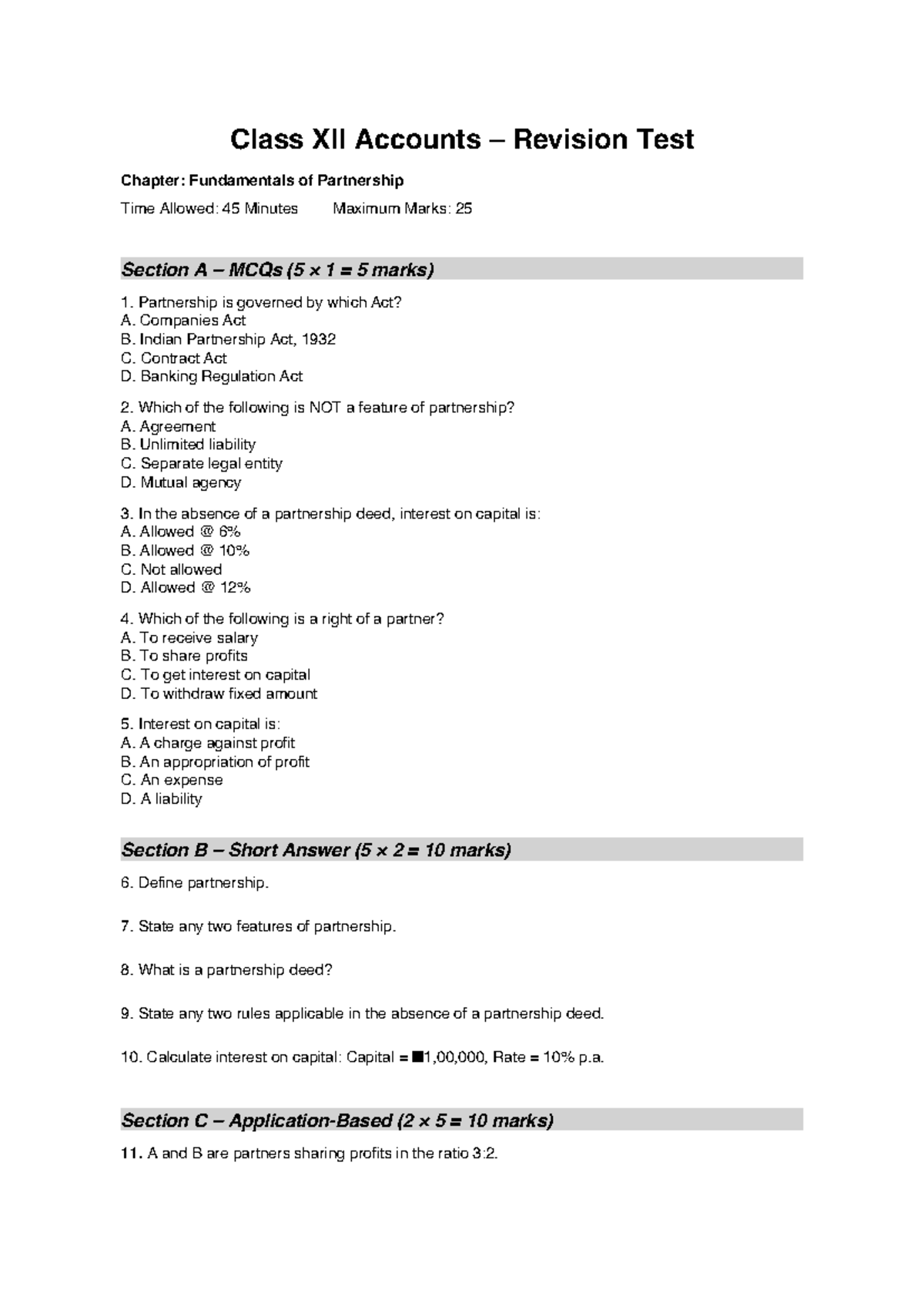 Class XII Accounts Revision Test: Fundamentals of Partnership - Studocu