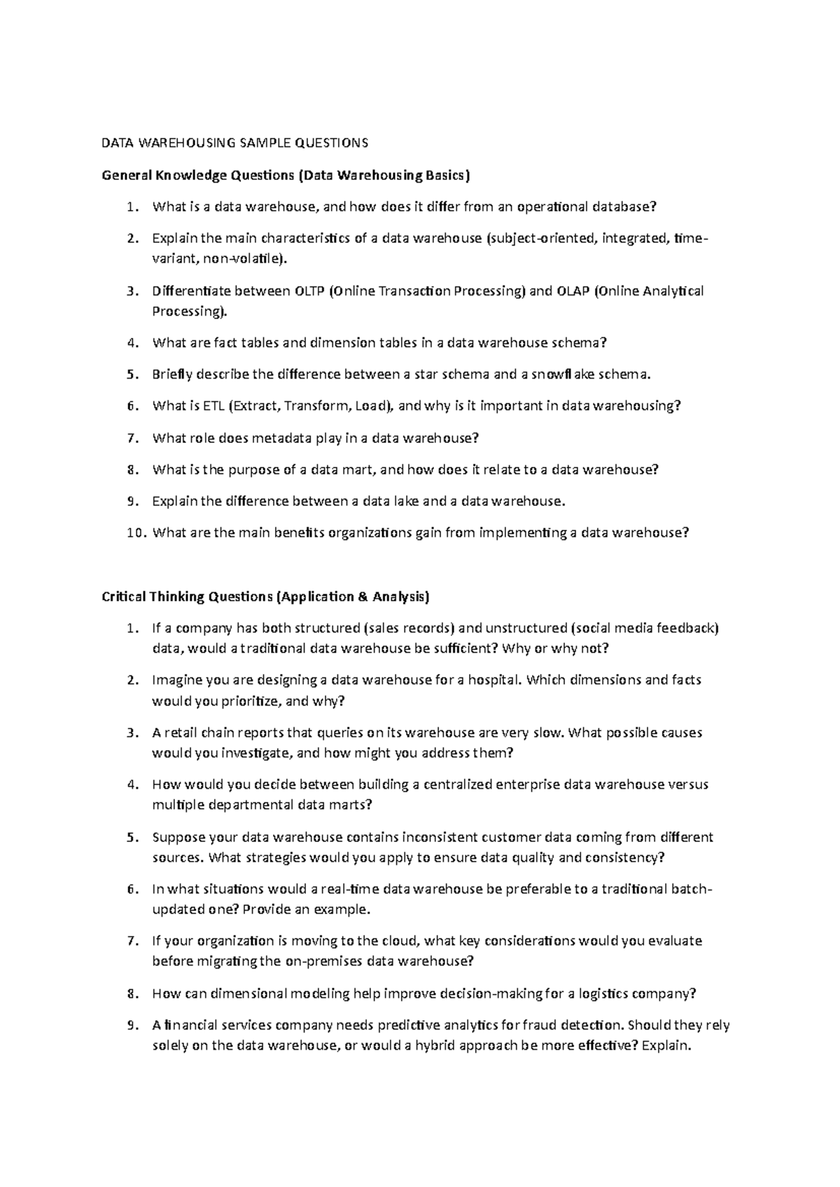 DATA WAREHOUSING SAMPLE QUESTIONS: Basics & Critical Thinking - Studocu
