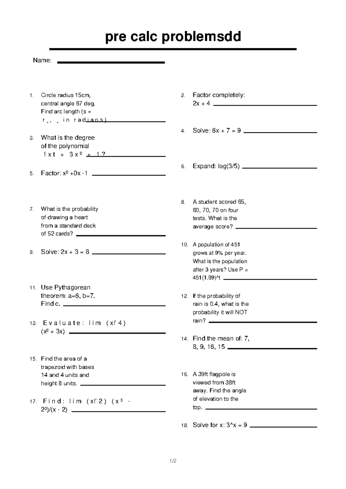 Precalc Problems: Practice Questions and Solutions - Studocu