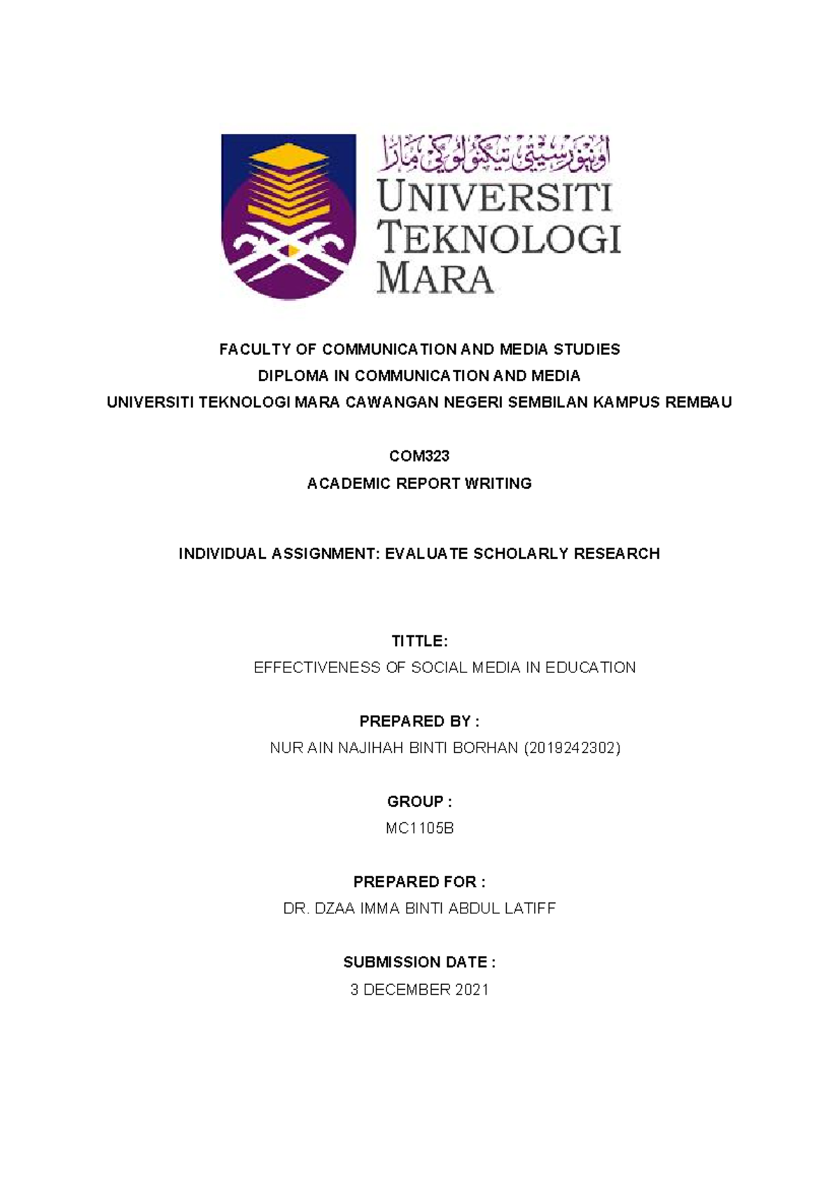 Com323 Individual Assignment Effectiveness Social Media In Education