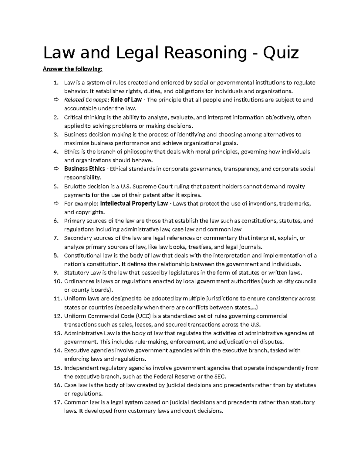 Chapter 1 Quiz on Law and Legal Reasoning (31231023510) - Studocu