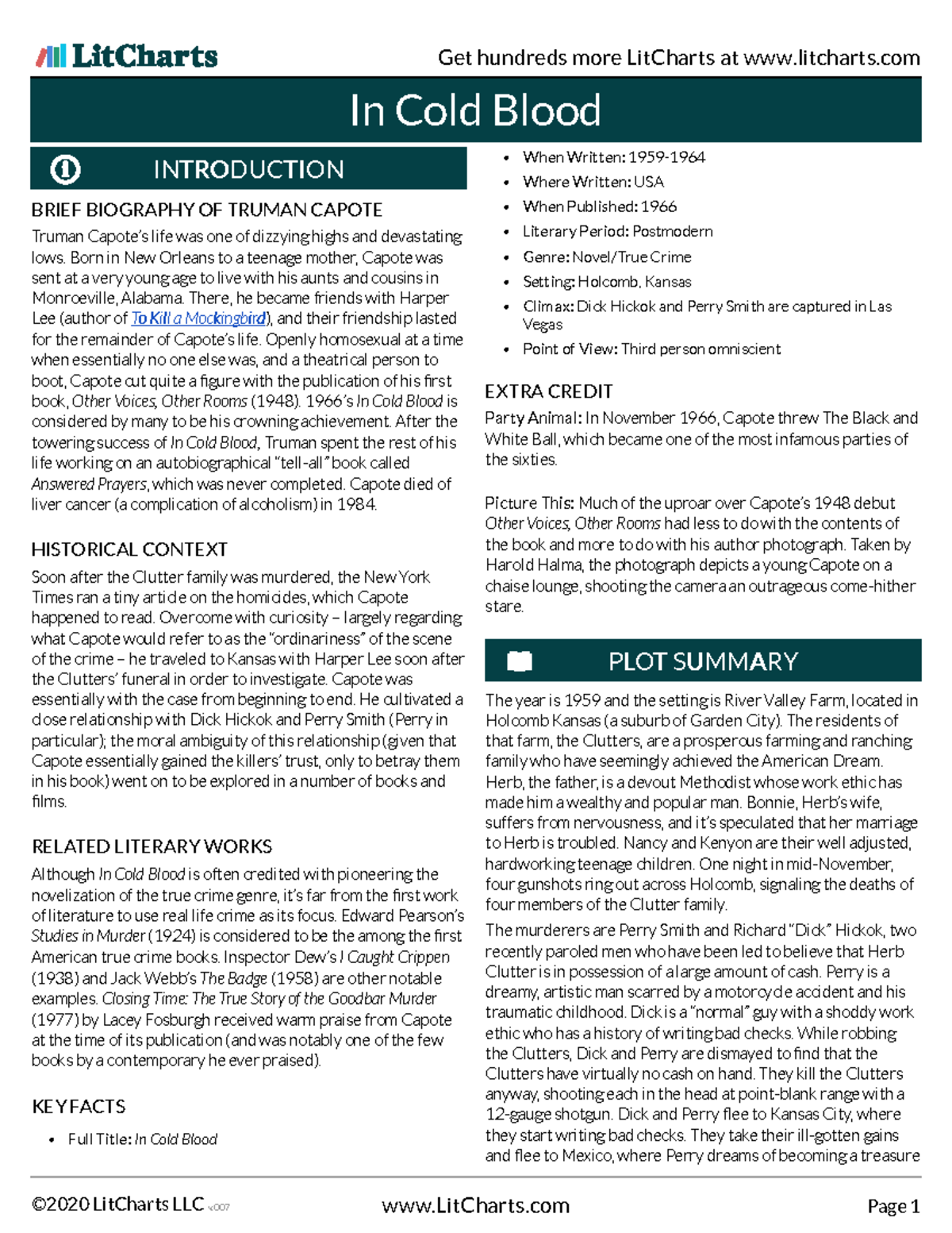 In Cold Blood: A Comprehensive LitChart Analysis and Summary - Studocu