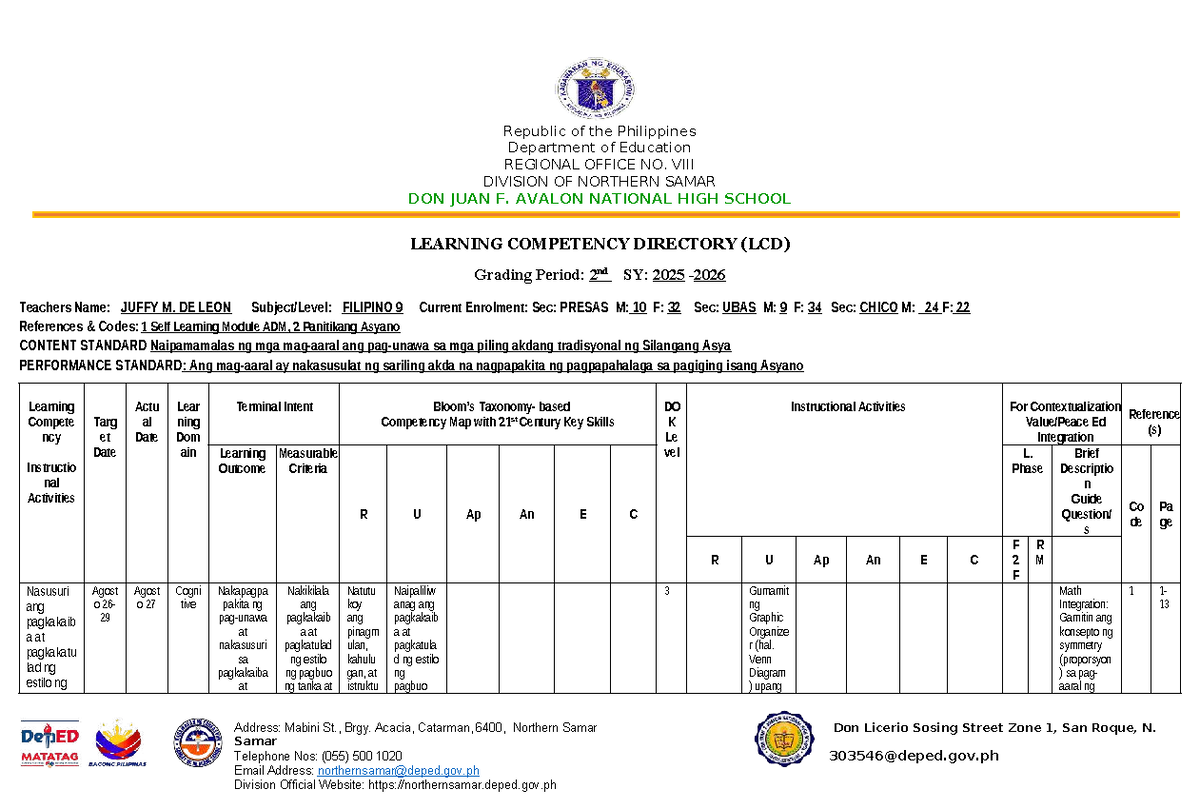 LCD Filipino 9: Learning Competency Directory for BSED Students - Studocu