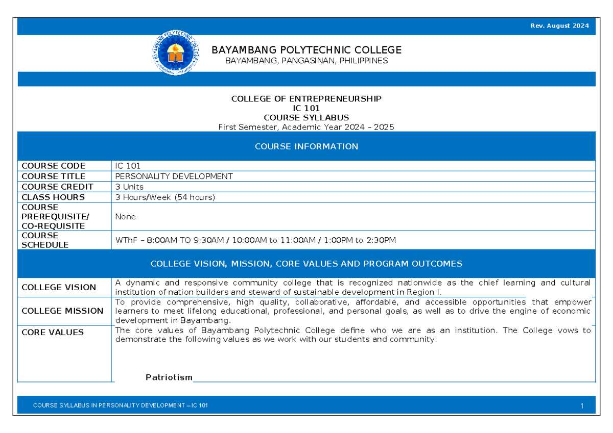 Personality Development Course Syllabus – IC 101 (AY 2024-2025) - Studocu