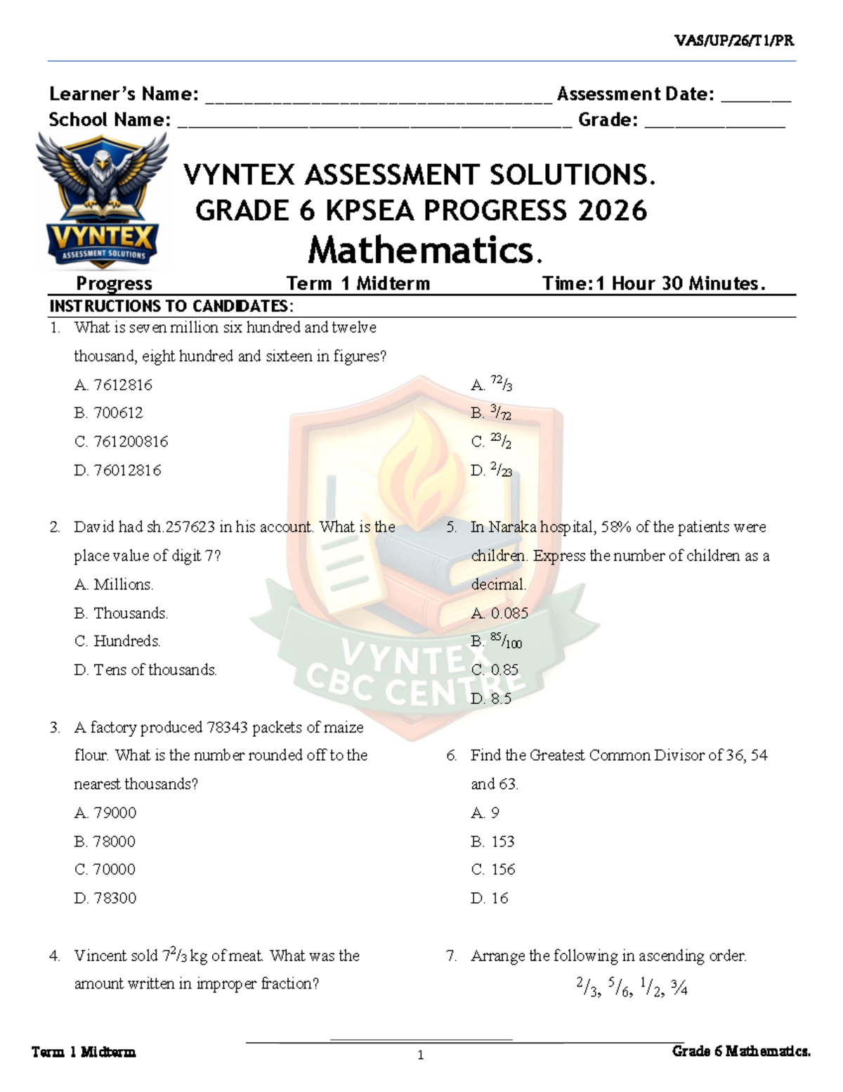 Grade 6 Mathematics T1 Midterm Assessment Solutions 2026 - Studocu