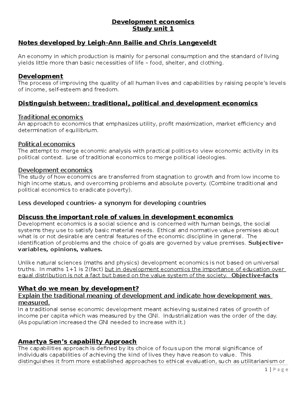 ECS3707 Development economic notes 1 - Development economics Study unit ...