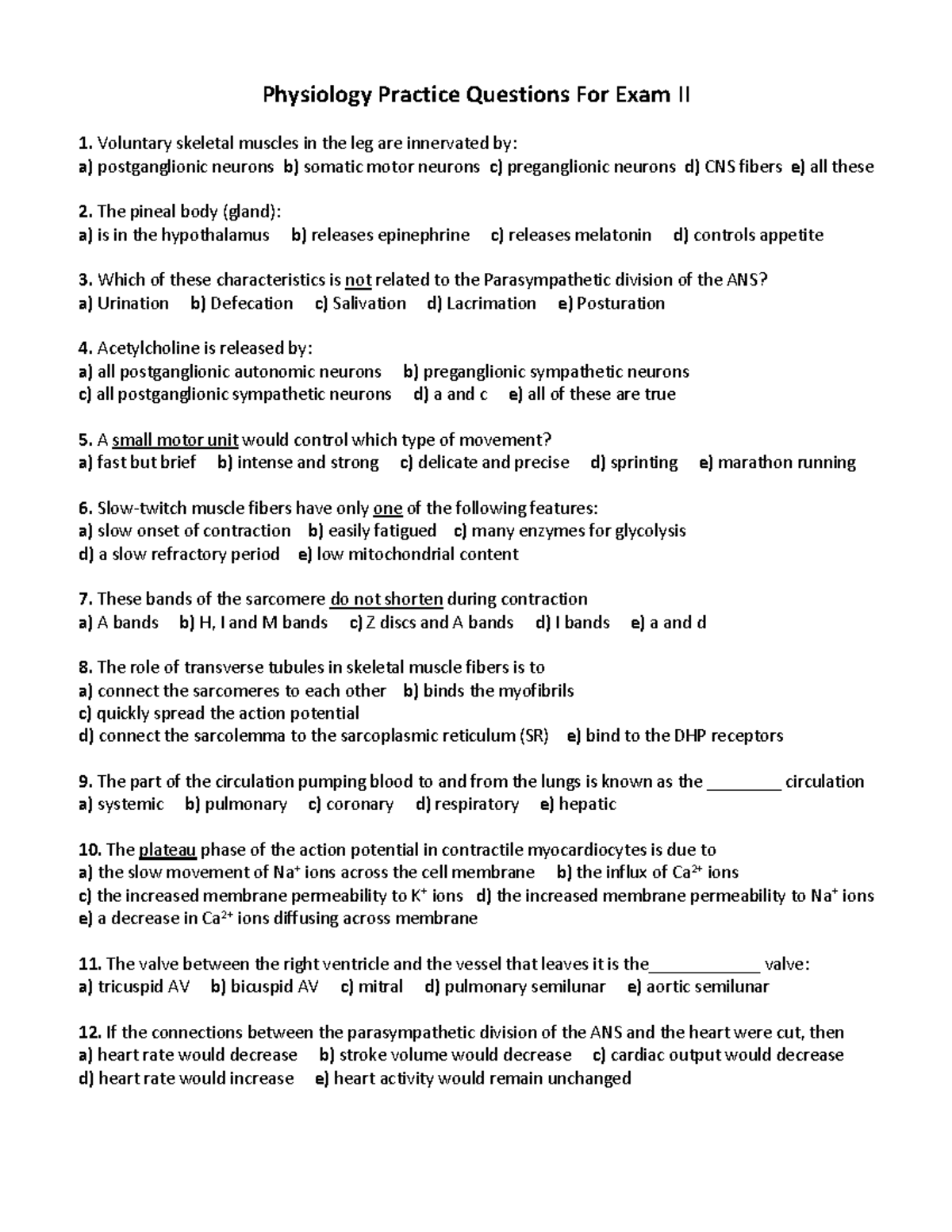 Physiology Practice Questions for Exam II - Practice Set - Studocu