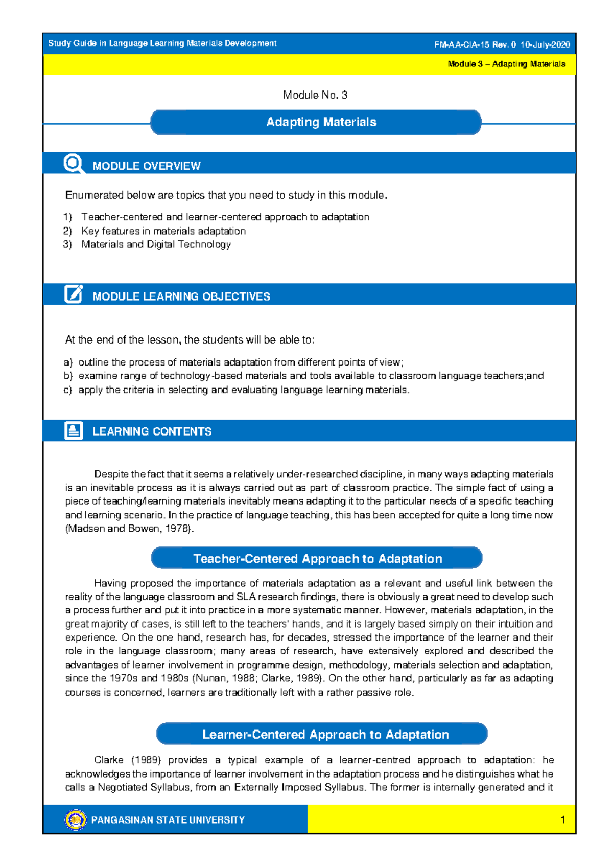 Module 3 Study Guide - Adapting Materials - FM-AA-CIA-15 - Studocu