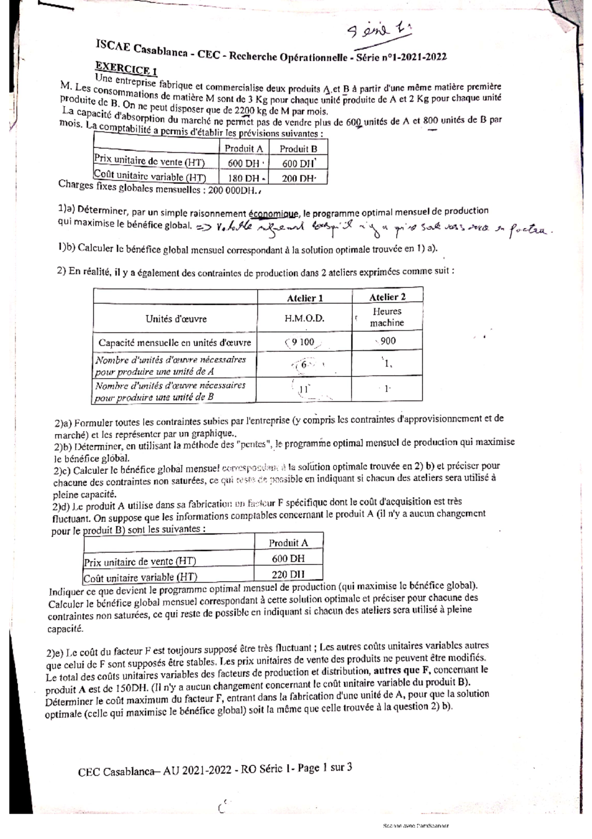 Optimisation de la Production: Série RO (1) - Exercice 1 et 2 - Studocu