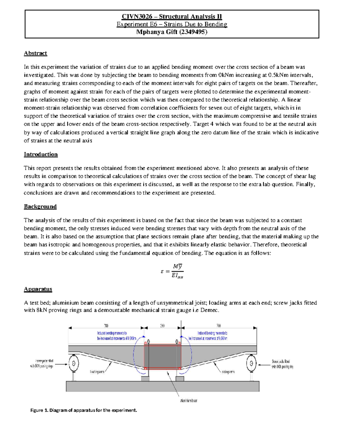 CIVN3026 Structural Analysis II Experiment E6: Bending Strain Analysis ...