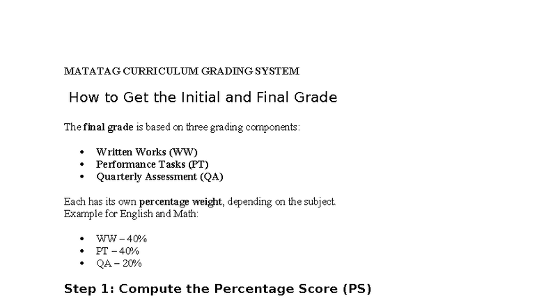 MATATAG CURRICULUM: Grading System & Final Grade Calculation - Studocu