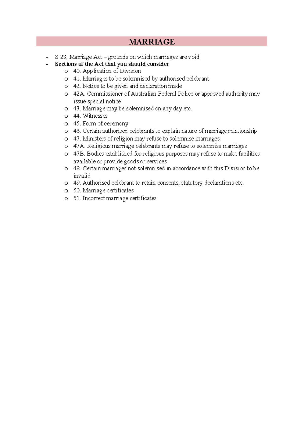Marriage Act Notes: Grounds for Void Marriages (MARRIAGE S 23) - Studocu
