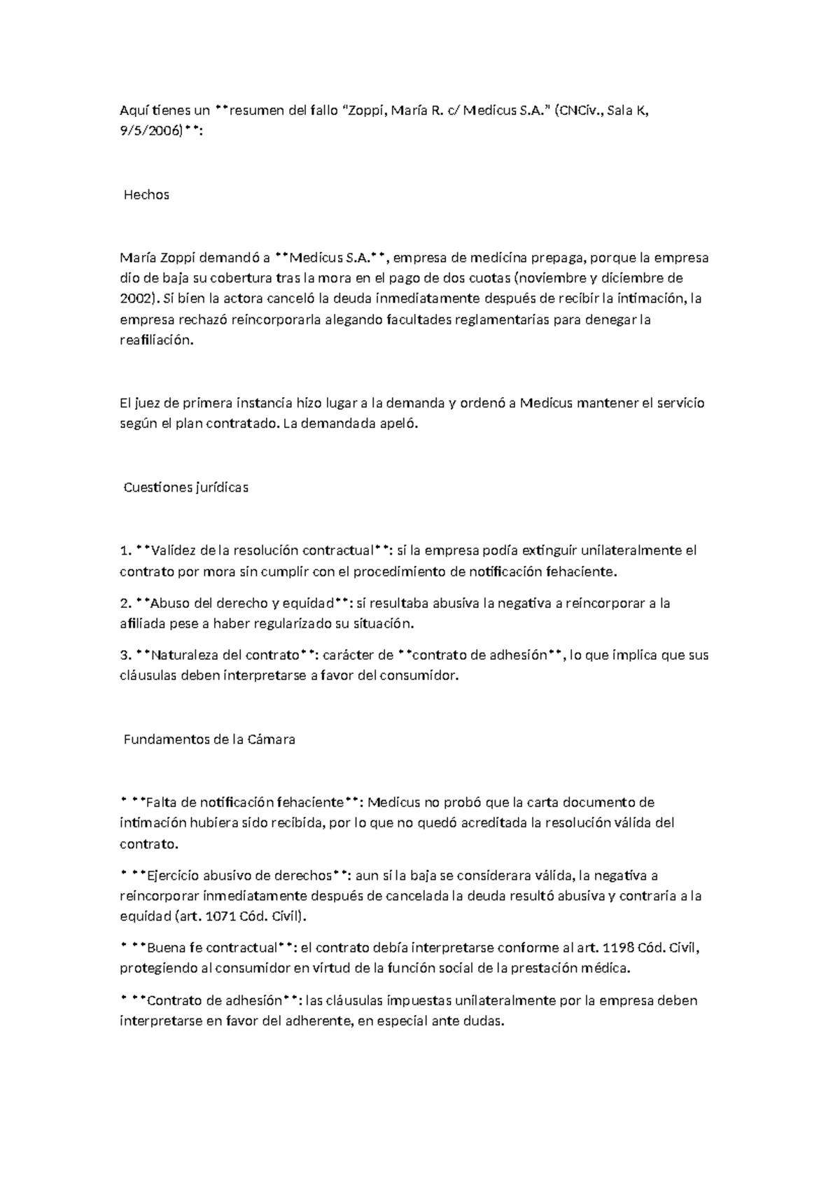 Resumen del Fallo Zoppi (CNCiv., Sala K) sobre Medicus - Studocu