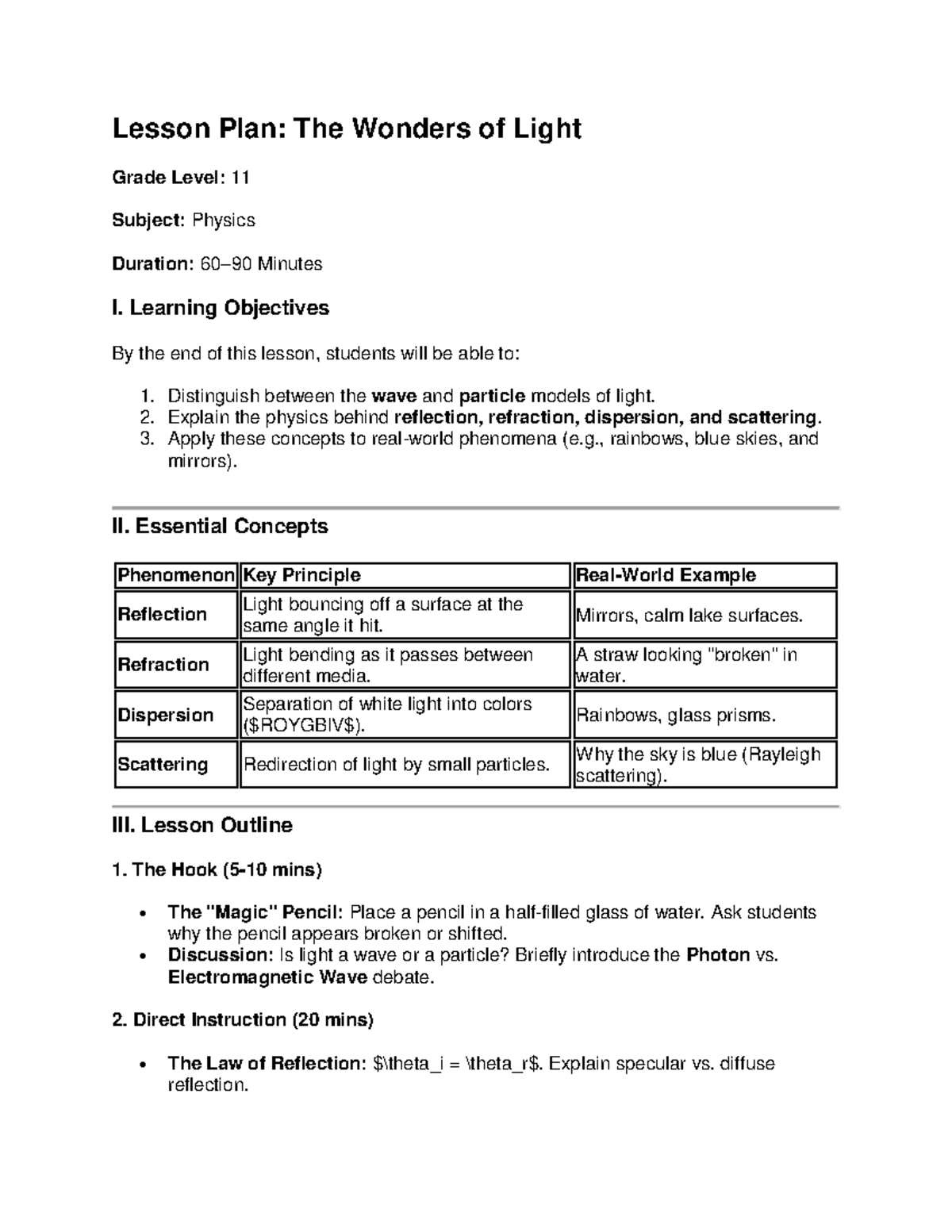 Lesson Plan: The Phenomena of Light for Grade 11 Physics - Studocu