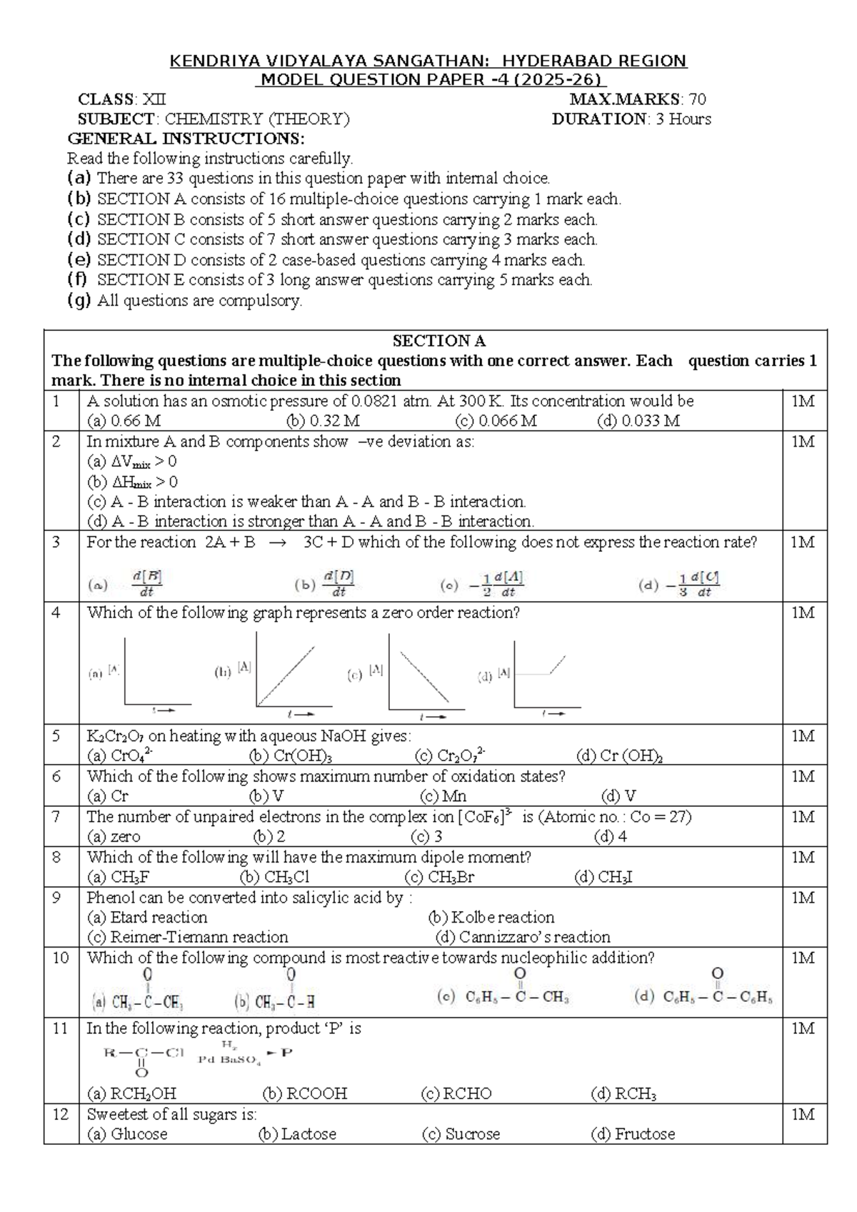 XII CHEM MQP: Model Question Paper for Class XII Chemistry - Studocu