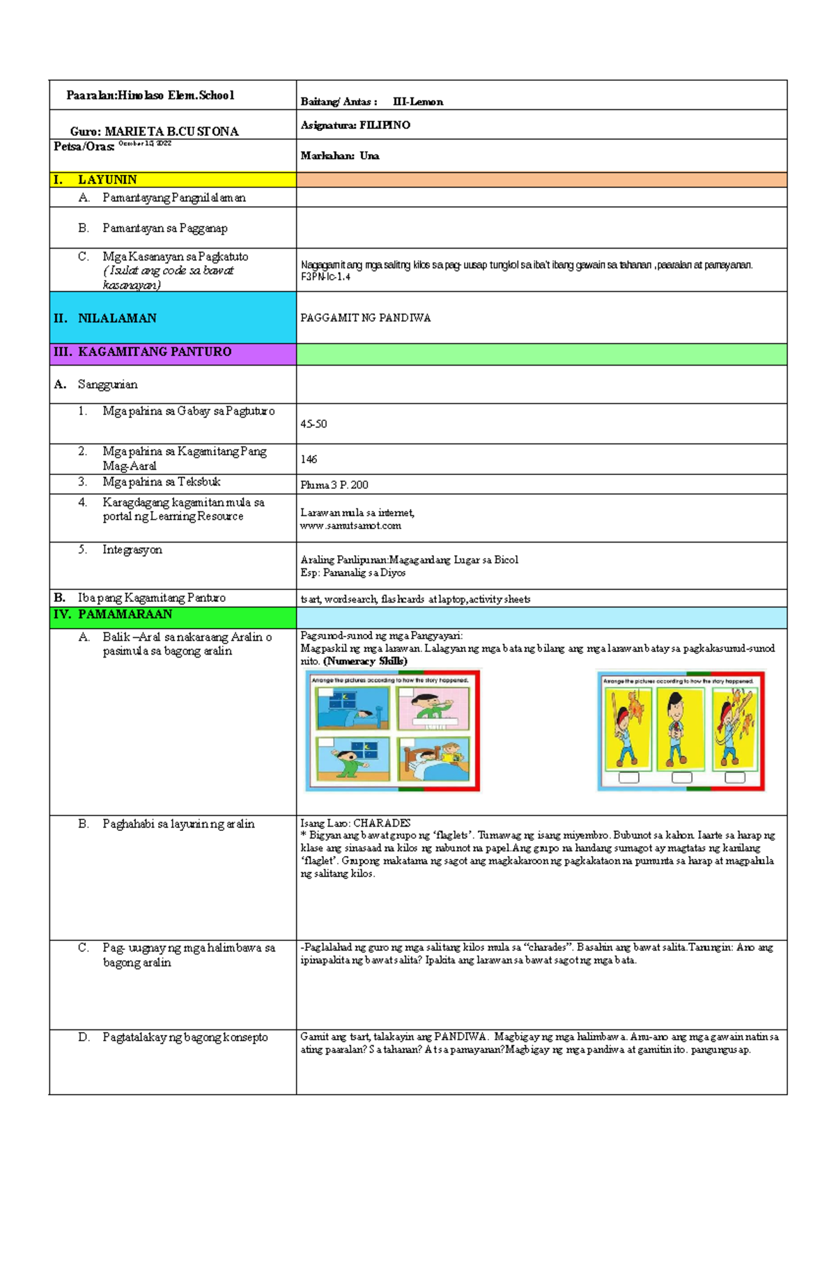 Grade 3 Filipino Pandiwa - COT Q4 Revised Lesson Plan - Studocu