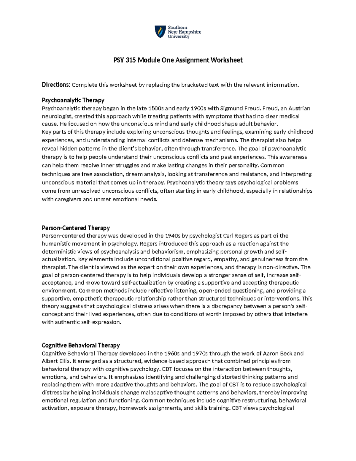 PSY 315 Psychoanalytic & Cognitive Behavioral Therapy Overview - Studocu