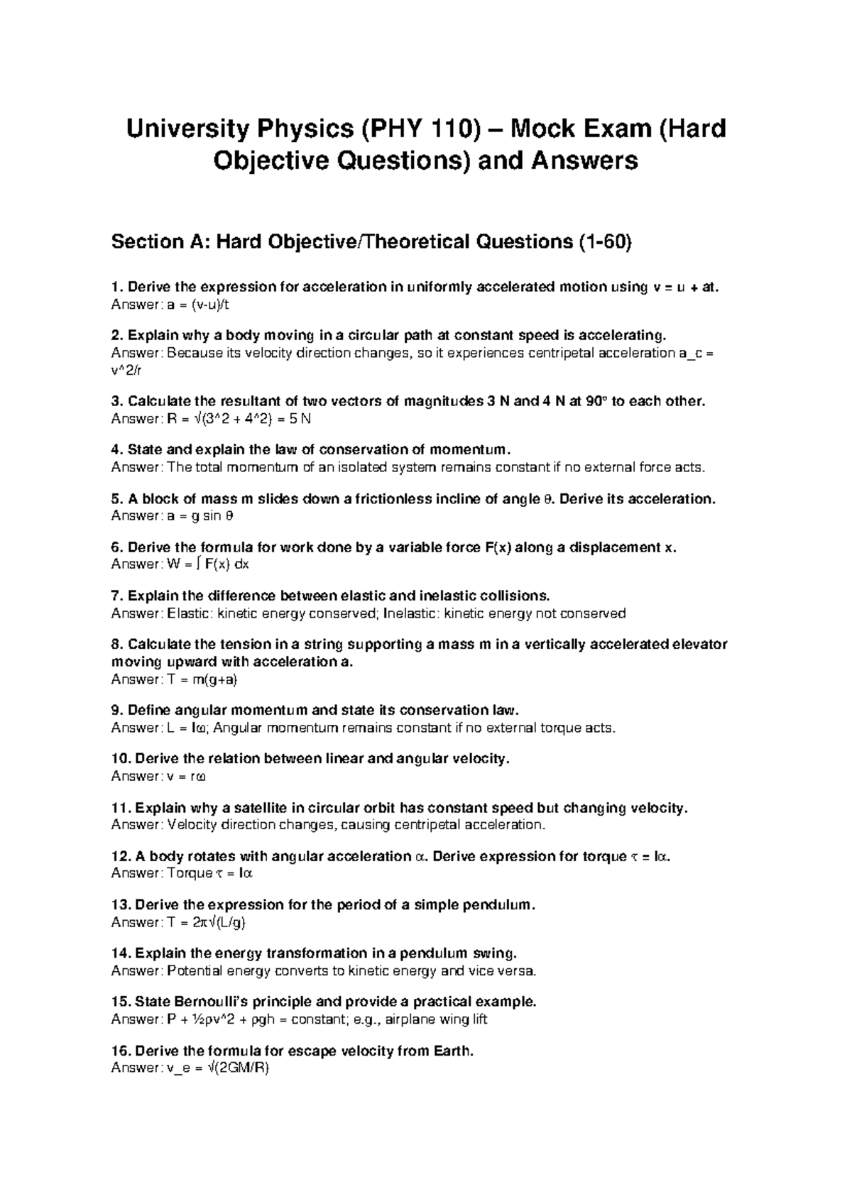 PHY 110 Mock Exam: Hard Objective Questions & Answers - Studocu