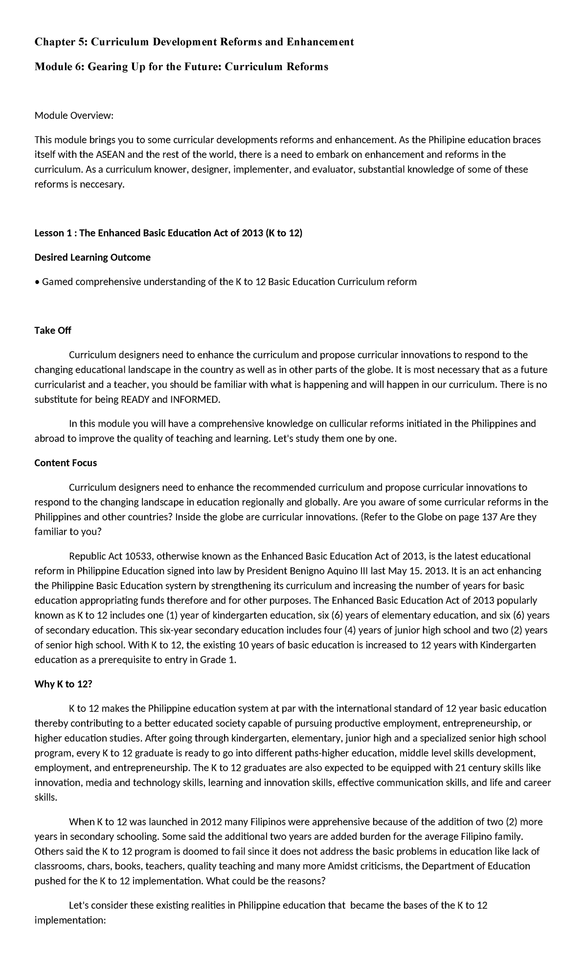 Chapter 5: Curriculum Development Reforms in the K to 12 System - Studocu