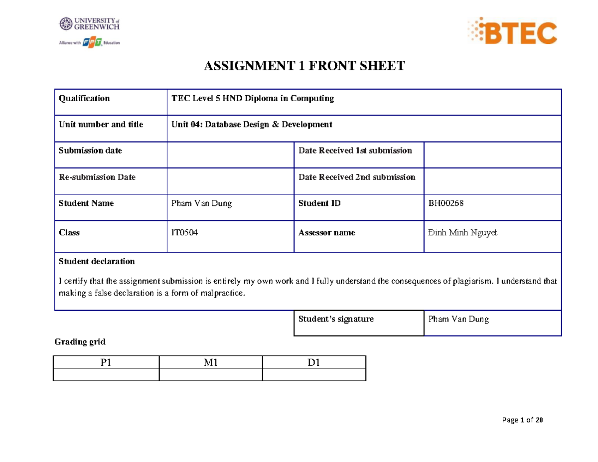 DDD- Assignment 1 Front Sheet 01 - ASSIGNMENT 1 FRONT SHEET Qualification TEC Level 5 HND ...