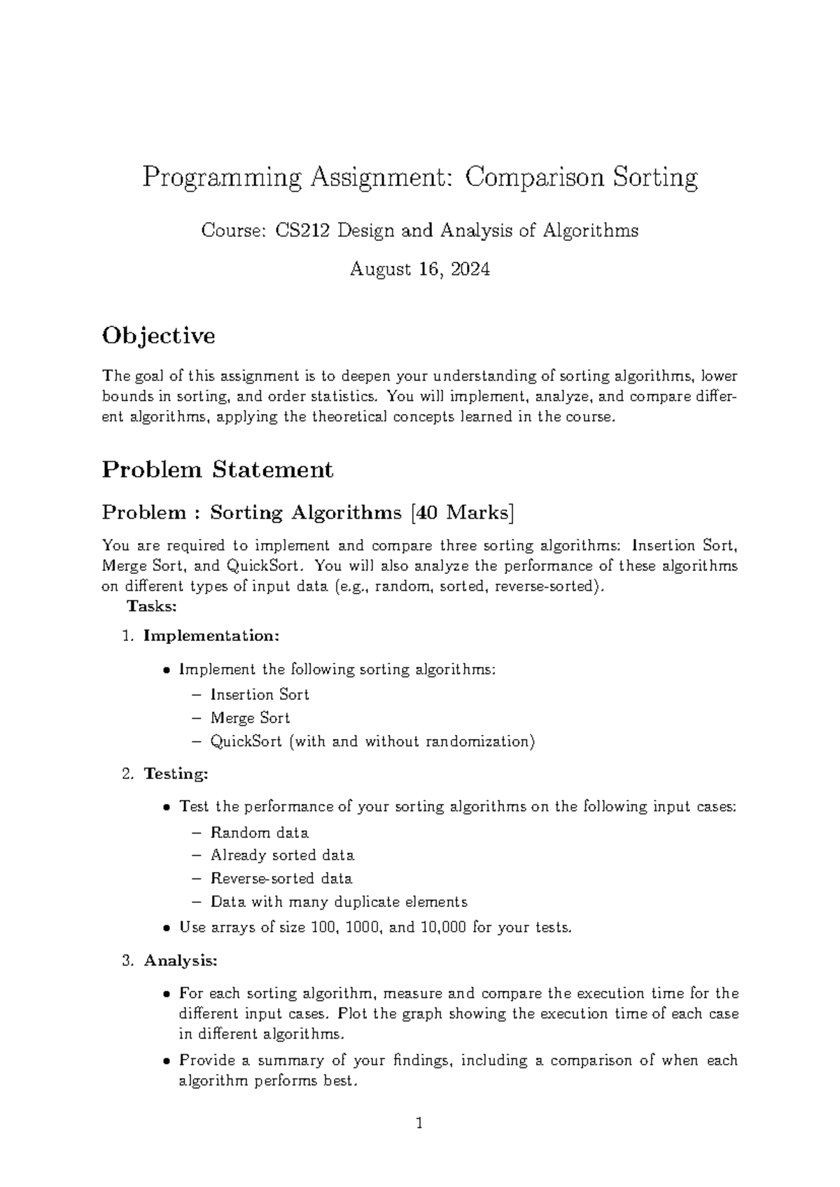 CS212 Prog. Assignment: Comparison of Sorting Algorithms - Studocu