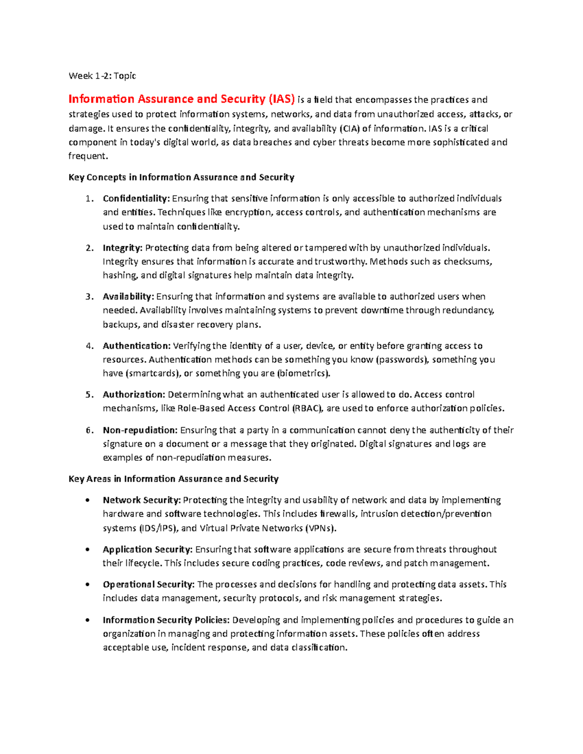 Week 1 - 4: Key Concepts of Information Assurance & Security (CIA) - Studocu