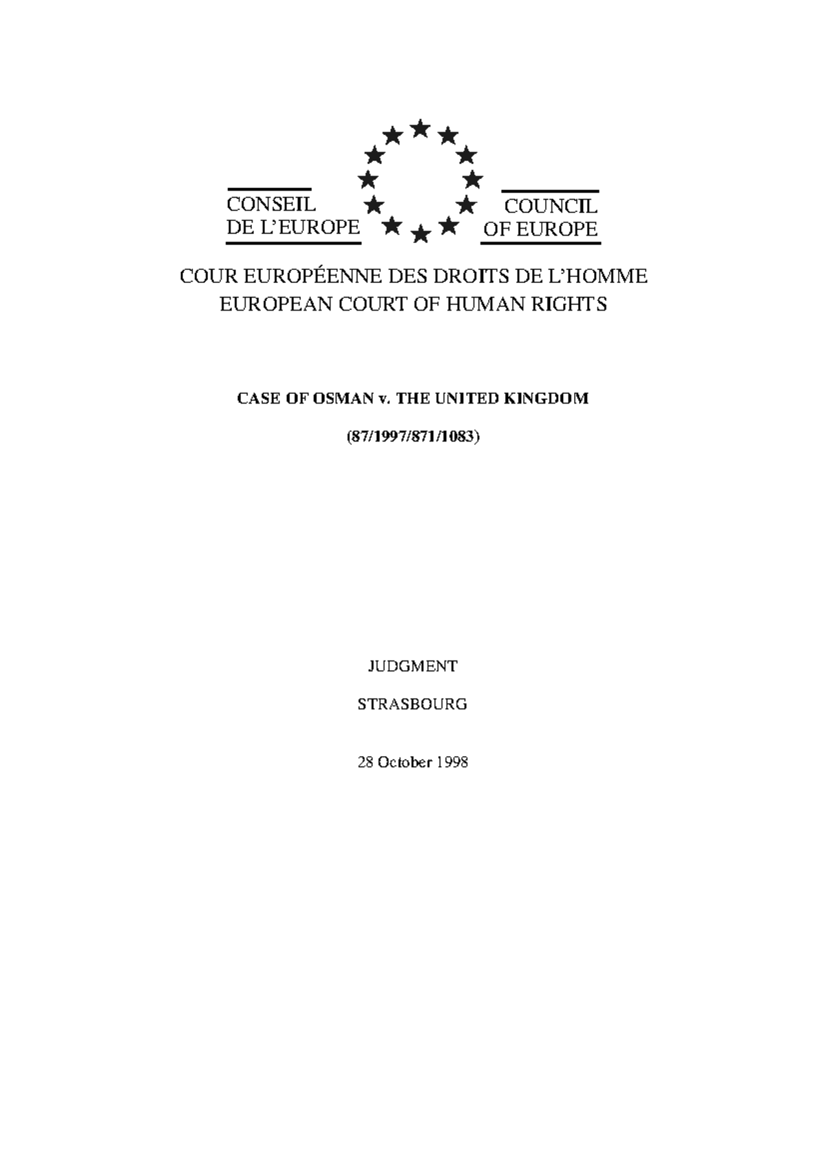 CASE OF Osman v - human rihts - CONSEIL DE L’EUROPE COUNCIL OF EUROPE ...