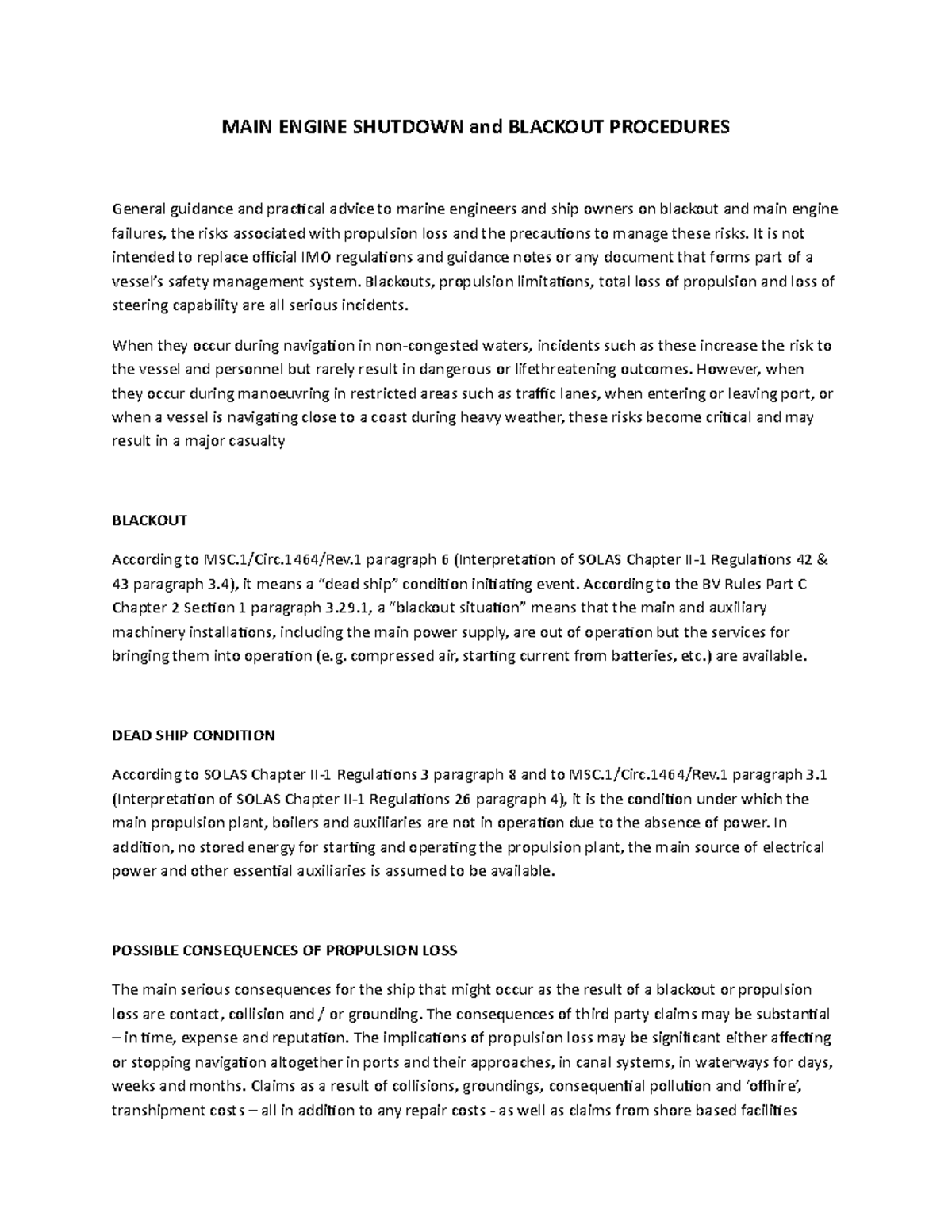 Main Engine Shutdown & Blackout Procedures for Marine Safety - Studocu