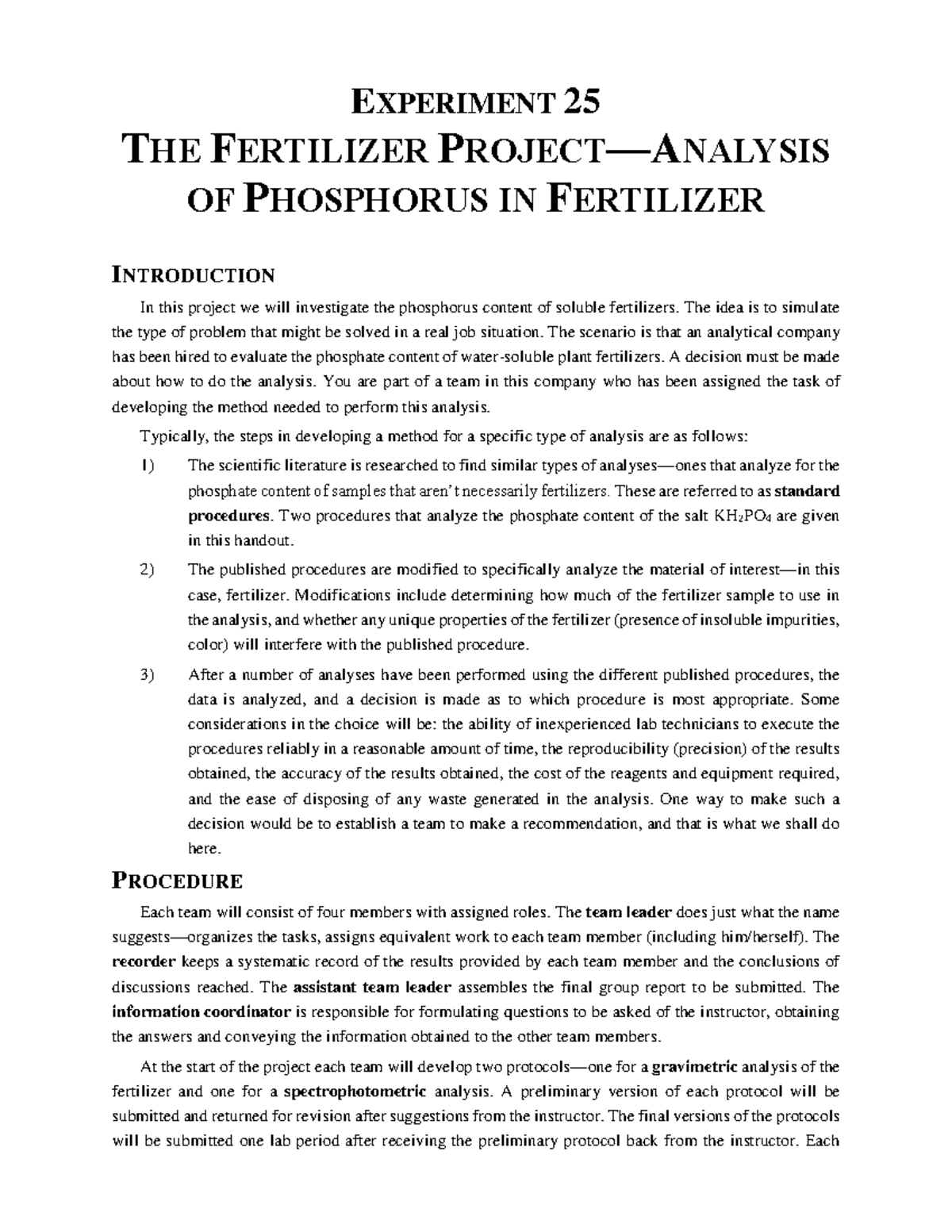 Experiment 25: Analysis of Phosphorus in Fertilizers - Lab Handout ...